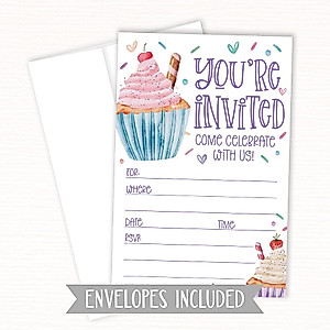 Cupcake Birthday Party Invitations (20 Count With Envelopes) - Watercolor Cupcakes And Sprinkles Birthday Invites