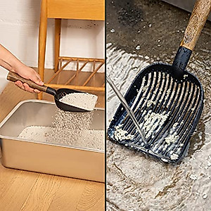 Yangbaga Newest Cat Litter Scoop with Deep Shovel, Non-Stick Coated Metal Litter Scoop with Ash Wood Handle&Hanging Design, More Efficient Litter Sifter with Better Litter Filtration (Dark Brown)