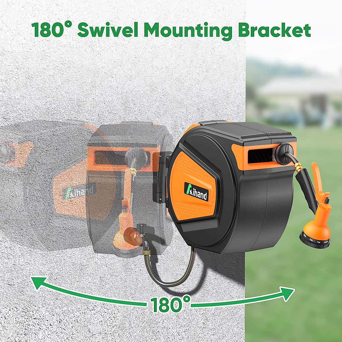 Retractable Garden Water Hose Reel Aihand 100ft x 1/2" Wall Mount Automatic Garden Hose Reels for Outside, Hose Reel Heavy Duty with 180° Swivel Bracket