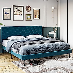 Homhougo Queen Size Bed Frame with Adjustable Headboard, Velvet Upholstered Platform Bed with Solid Wood Slats Support, No Box Spring Needed, Noise-Free, Green