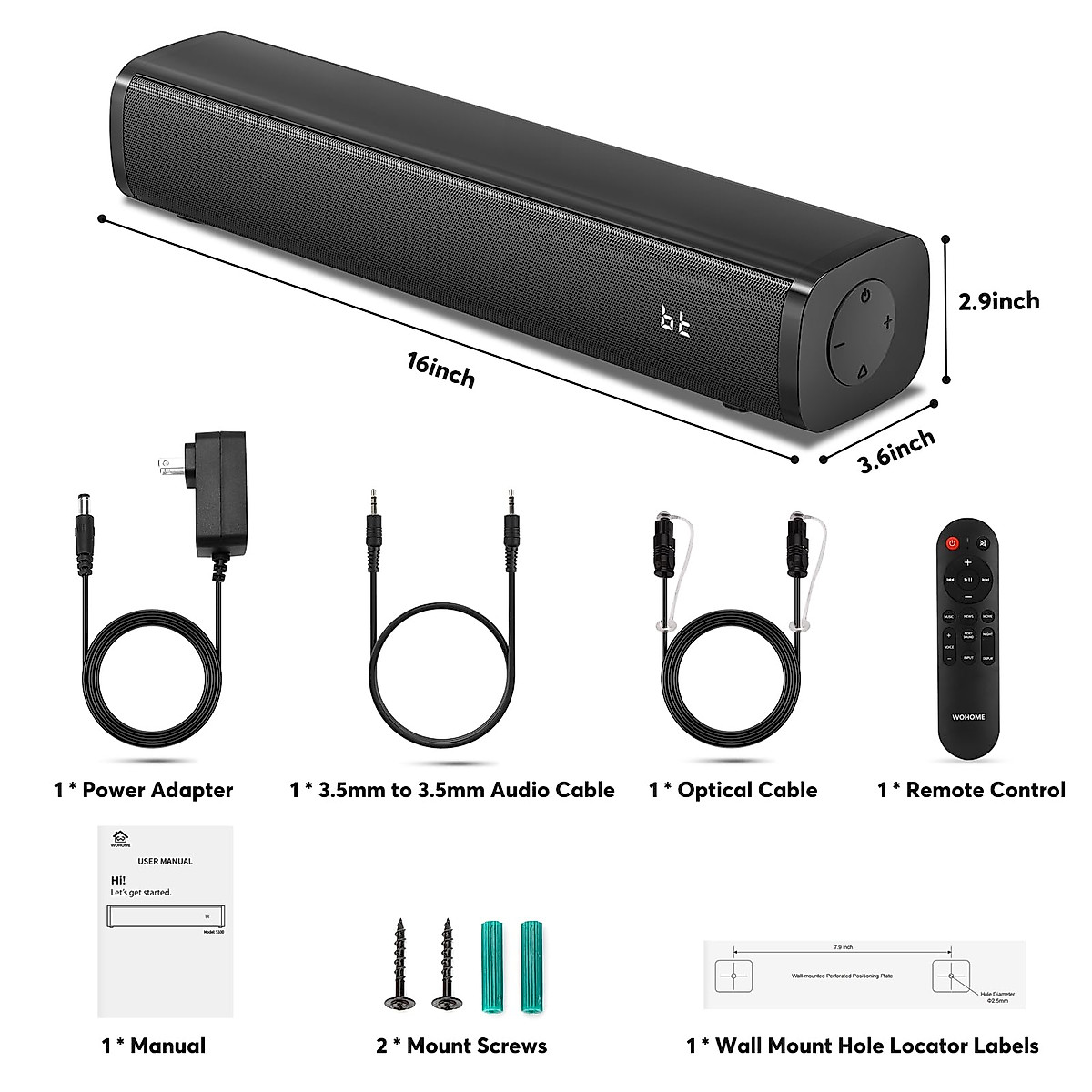 Wohome 2.1 Small Sound Bars for TV, Built-in Subwoofer with 6 Levels Voice Enhancement, 16 Inches Bluetooth 5.3 Soundbar Speakers with Optical/AUX/USB Connection (Renewed)