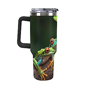 Colored Frogs And Dragonflies Insulated Stainless Steel Travel Mug, 40 Oz Tumbler with Handle And Straw Double-Wall Vacuum Coffee Cup, Leak-Proof Lid, Keeps Drinks Hot/Cold for Hours