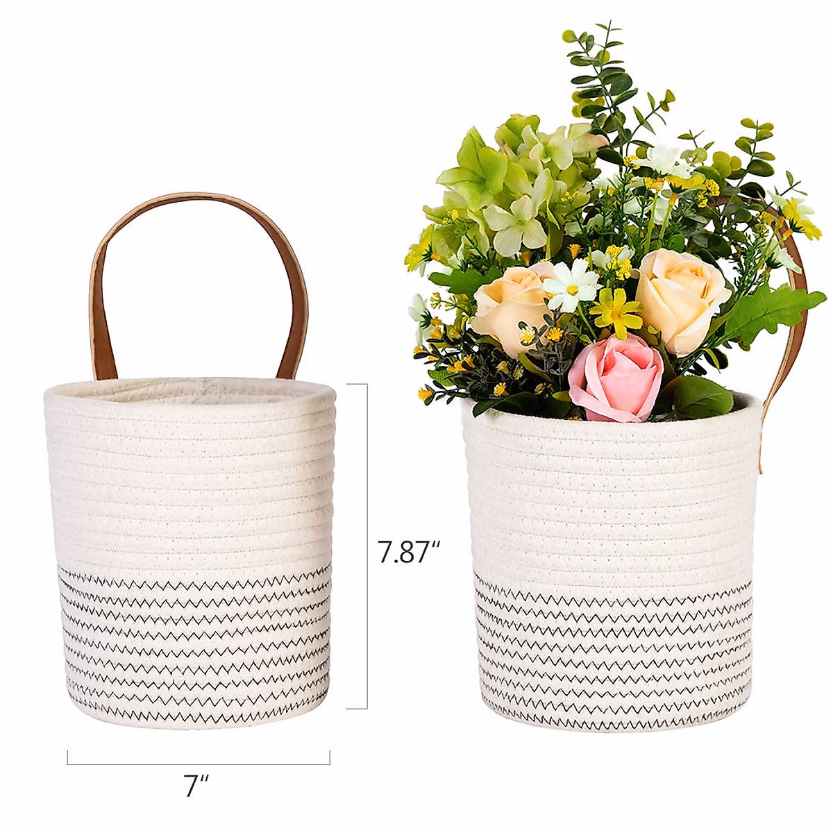 HIGOGOGO 2 Pack Wall Hanging Cotton Storage Baskets, Small Rope Baskets with Leather Handle Door Closet Organizer Woven Baskets for Keys, Wallet, Plants, Towels, Toys, 7.87" x 7"