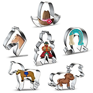 Horse Cowboy Cookie Cutters Shapes Baking Set, 6 Pieces Stainless Steel Metal Mold with Horse, Pony, Horse Head, Horseshoe, Cowboy, Cowboy Hat Cookie Cutter for Biscuit Pastry Fondant Gingerbread Cake