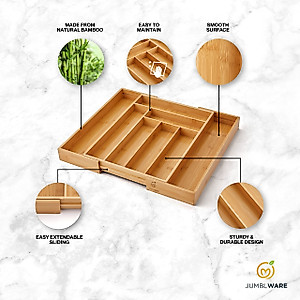 JumblWare Bamboo Expandable Drawer Organizer. Wooden Storage Tray with Dividers for Silverware, Kitchen Utensils, Spices, K Cups, Small Clothes & Makeup. Adjustable Sliding Design from 13” to 19.6”