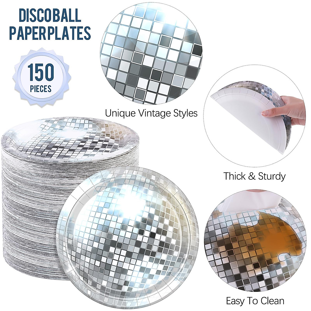 durony 150 Pieces Silver Disco Ball Paper Dinner Plates 70s Silver Foil Disposable 9-Inch Plates 80s 90s Disco Paper Tableware for Disco Bachelorette Groovy Birthday Wedding Party Decorations