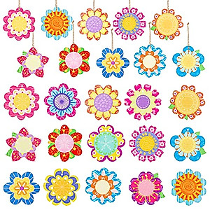 CNhoqc 45pcs Boho Spring Flower Colorful Hanging Ornaments Set 15 Design Spring Flower Pendent Wooden Ornament Set with Ropes Springtime Blossom Theme Party Supplies Home Decor