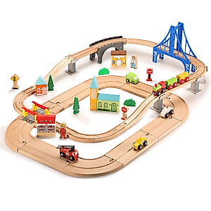 SainSmart Jr. Wooden Train Set 60pcs for Toddlers, Wood Highway and Train Track with More Cars Fits Brio, Thomas, Melissa and Doug for 3 4 5 Years Old Boys and Girls
