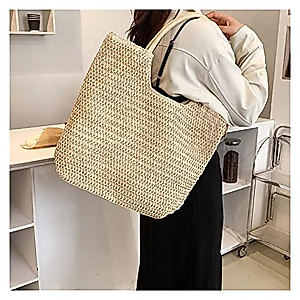 n/a Summer Large Capacity Shoulder Bag Beach Bags Woven Handle Bag Casual Lady Shopping Handbag Clutch (Color : Black, Size : 39cm)
