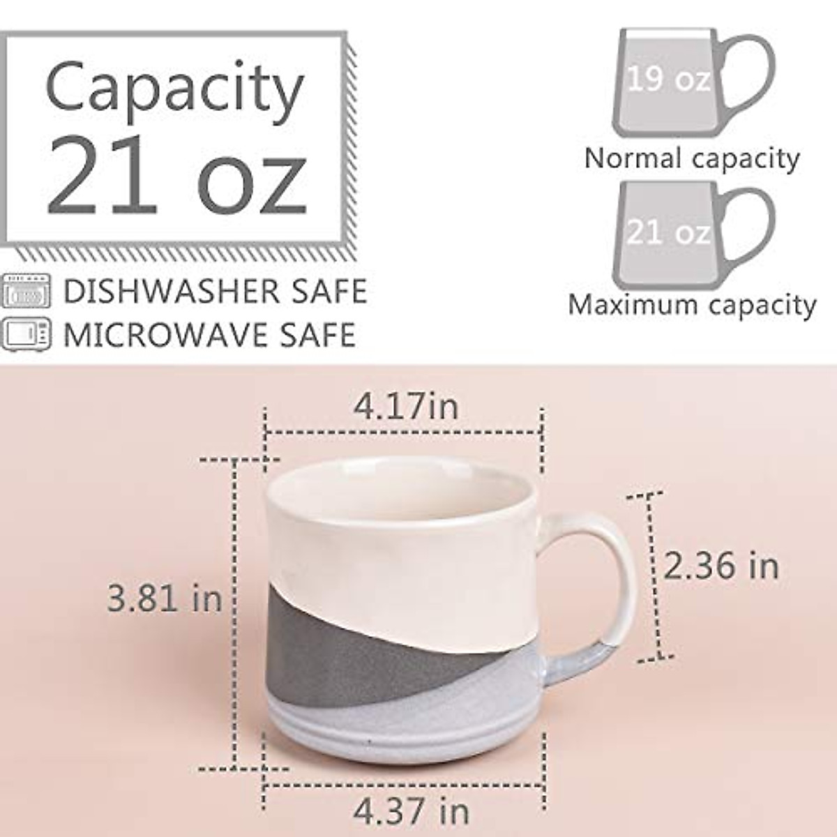 Bosmarlin Large Stoneware Coffee Mug, Big Tea Cup for Office and Home, 21 Oz, Dishwasher and Microwave Safe, 1 PCS (Geometry-Grey)