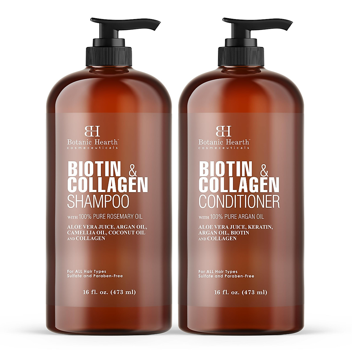 BOTANIC HEARTH Vegan Collagen Biotin Shampoo and Conditioner Set - with Rosemary Oil for Hair Loss and Thinning Hair - Fights Hair Loss, Sulfate Free, for Men and Women, 16 fl oz each