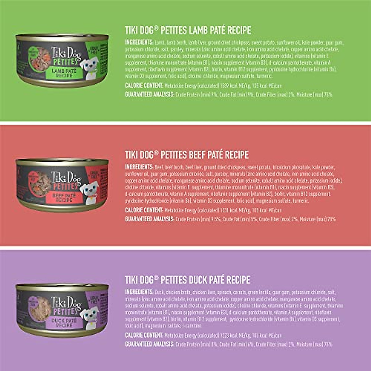 Tiki Pets 11343 Dog Petites Pate – High Protein & Grain Free Wet Food Lamb, Beef & Duck Recipes, 12 cans 3oz, Variety Pack