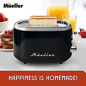 Mueller Retro Toaster 2 Slice with 7 Browning Levels and 3 Functions: Reheat, Defrost & Cancel, Stainless Steel Features, Removable Crumb Tray, Under Base Cord Storage, Black