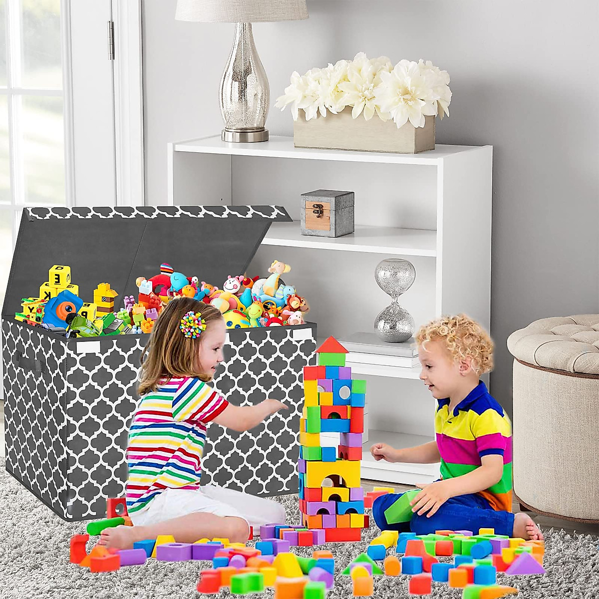 homyfort Toy Chest Box for Boys,Girls, Kids with Divider, Large Collapsible Storage Bins Container with Flip-Top Lid for Nursery, Playroom, Closet, Home Organization, 24.5"x13" x16" (Grey and Beige)