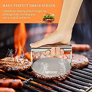 ONEDONE Burger Press Stainless Steel Smash Burger Press 5.5 inch Burger Smasher for Griddle w/Seasoning Shaker & 100 Patty Paper, Burger Iron Grill Press