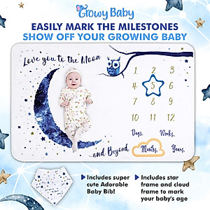 GROWY BABY Monthly Milestone Blanket Boy & Girl - Moon & Owl Baby Monthly Milestone Blanket Baby Boy Gifts - Nursery Decor Newborn Baby Shower Unisex Baby Milestone Blanket Girl - 60"x40"