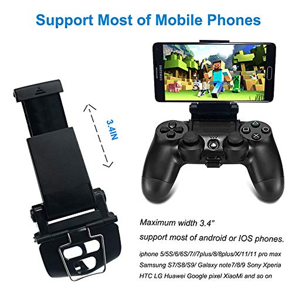 BRHE Phone Clip for PS4 Controller Mobile Gaming Mount Bracket Holder Adjustable Stand Clamp Compatible with iPhone/iOS, Android, for Playstation4 Remote Play (Black)