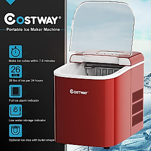 COSTWAY Countertop Ice Maker, 26LBS/24H with Self-Clean Function, LCD Display, 9 Bullet Ice / 7 Mins, Portable and Compact Ice Machine with Ice Scoop, for Homes, Offices, Restaurants, Bars, Red