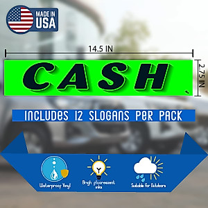 Versa Tags Windshield Slogan Stickers 12 Pack Each of Cash, Sale, PER Month, ONE Owner, Low Mileage (60) Window Stickers Total Dealership Stickers Black On Green
