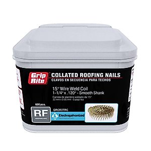 Grip-Rite 1-1/4-Inch 15? Electro-GALVANIZED Coil Roofing Nails, Smooth Shank, 600 nails per tub