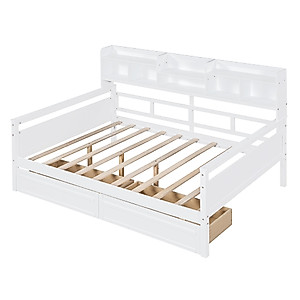 Harper & Bright Designs Full Daybed with Storage, Wooden Full Size Bed Frame with Bookcase Headboard and 2 Drawers, Full Sofa Bed with Shelves for Living Room Bedroom, No Box Spring Need, White
