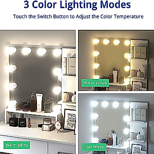 Bituman Makeup Vanity Table with Lighted Mirror, Modern Dressing Table with a Large Drawer White Vanity Set with Cushioned Stool Vanity Desk with Storage Cabinet for Women, Girls, Bedroom, White