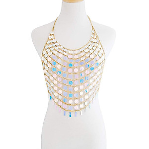 Salliy Boho Body Chain Bra Gold Sexy Rhinestone Bikini Bra Body Halter Backless Sequins Chain Bra Beach Body Accessories Jewelry for Women (Blue Bra)