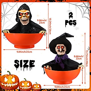 Roshtia 2 Pcs Halloween Candy Bowl Animated Skeleton and Witch Candy Bowl with LED Eyes and Creepy Sound Scary Trick or Treat Bowl Skull Screaming Candy Holder for Prank Props Party Decorations