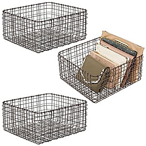 mDesign Farmhouse Decor Metal Wire Storage Basket Bin for Storage & Organizing Closets, Shelves, and Cabinets in Bedrooms - Holds Shirts, Purses, Leggings, Scarfs, Hats - 12" x 12" - 3 Pack - Bronze
