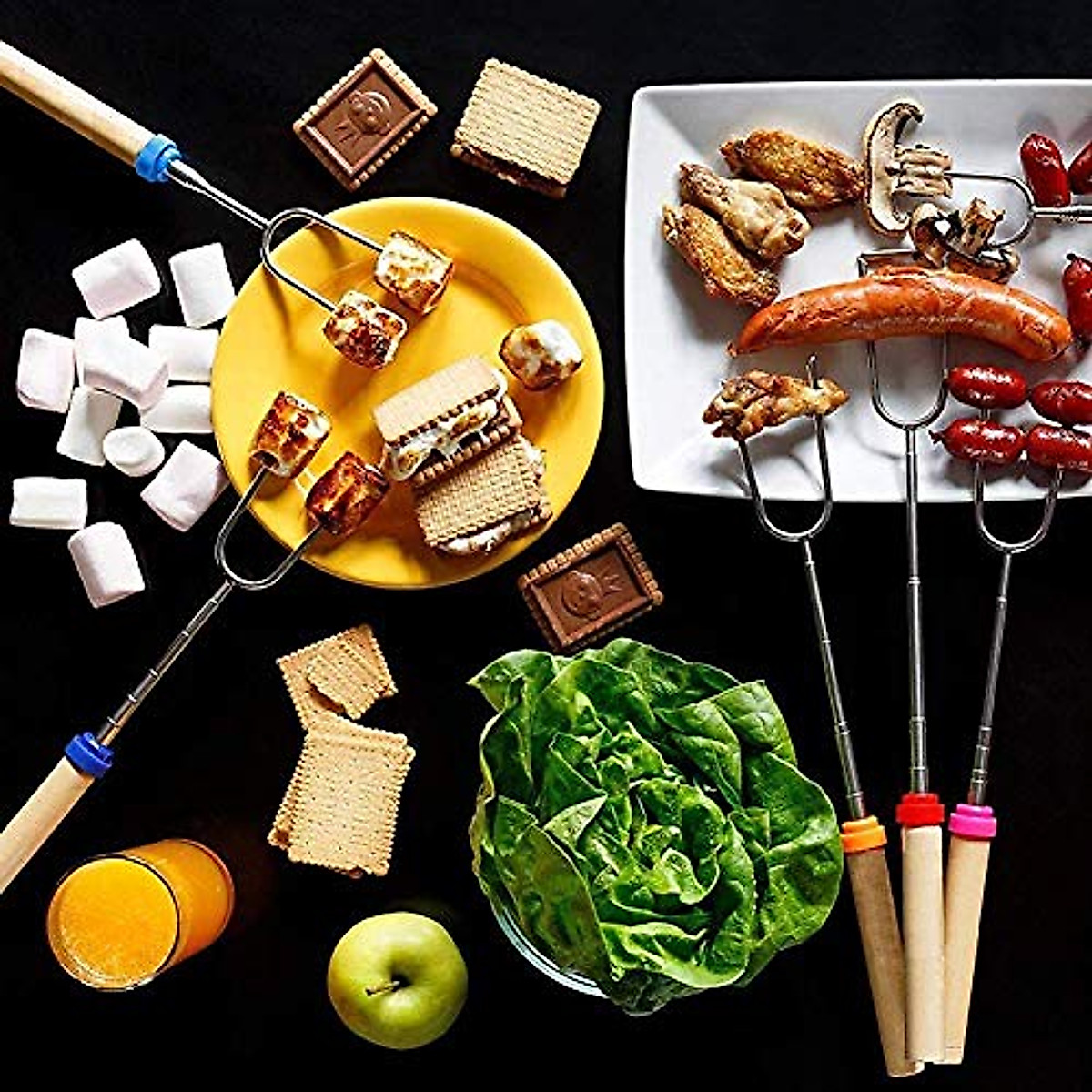 Ezire Marshmallow Roasting Sticks, Extendable Telescoping Smores Skewers for Fire Pit Campfire BBQ Hot Dog Marshmellow 32inch (8Pcs)