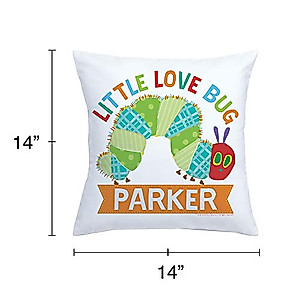 Eric Carle's Very Hungry Caterpillar Personalized Throw Pillow with Love Bug on White Removable Cover, Custom Name Printed, Official Licensed Product, 14x14