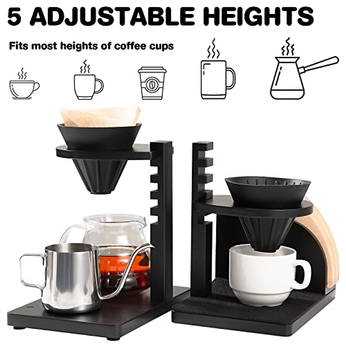Yangbaga Wood Pour Over Coffee Makers Set Adjustable Height Coffee Dripper Holder Set– Includes Silicone Coffee Dripper&Dripper Stand&Coffee Filter Holder for Home or Office (Black)
