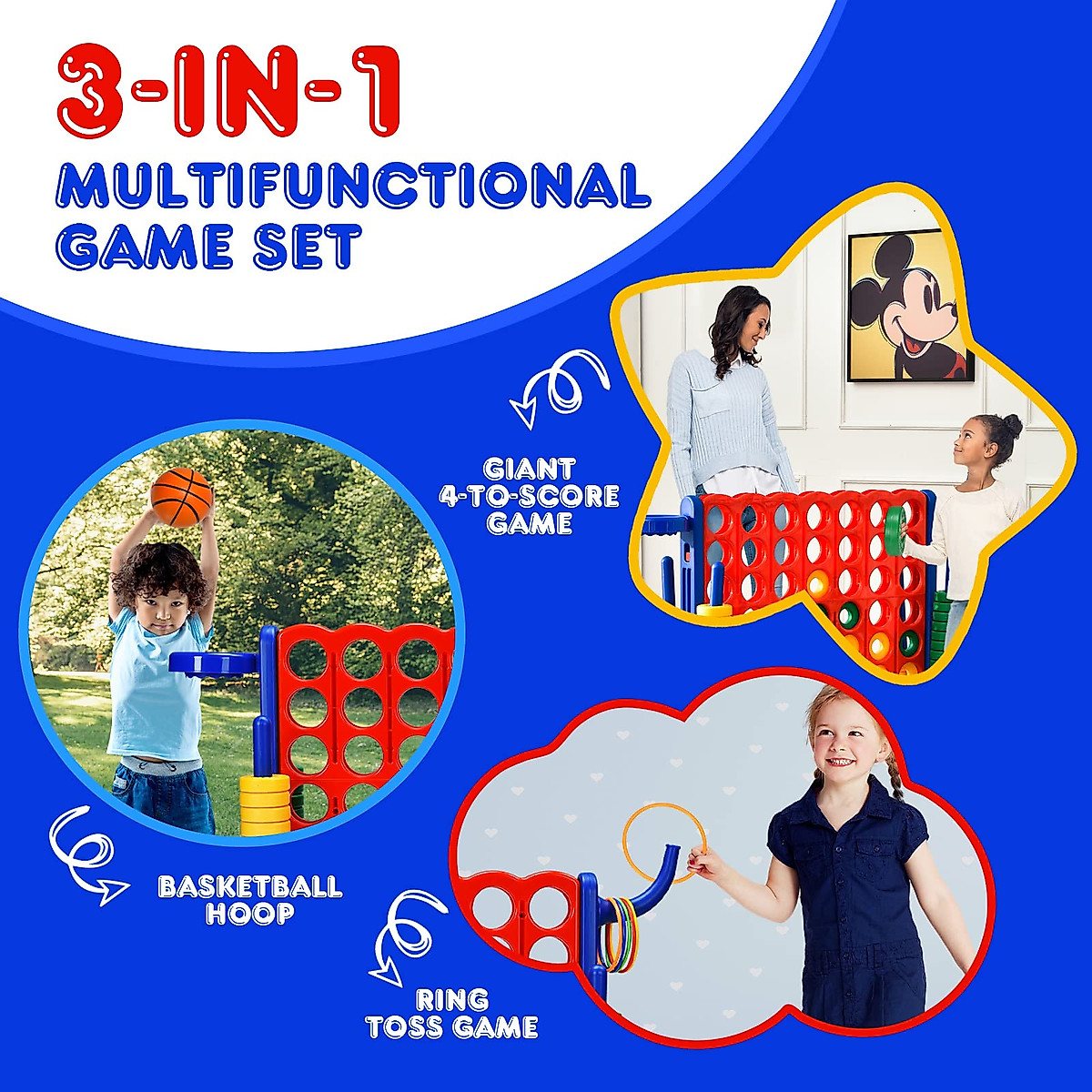 HONEY JOY Jumbo 4-to-Score Giant Game Set, 3-in-1 Indoor Outdoor Family Yard Game Set w/Basketball Hoop & Ring Toss, 42 Jumbo Rings, Quick-Release Slider, Giant 4-in-A-Row for Kids & Adults