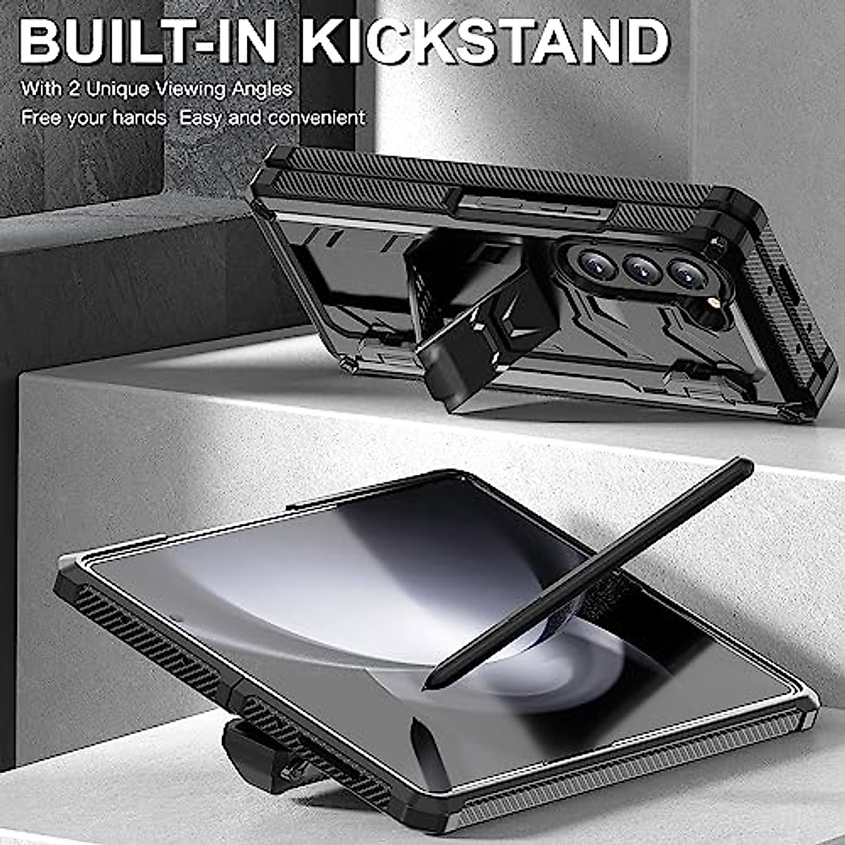 BAILI Galaxy Z Fold5 Case with Kickstand & S Pen Holder, 360°Protective Mech-Shaped Drop-Resistant Z Fold5 Cover with HD Screen Film,Support Wireless Charging Shell for Samsung Galaxy Z Fold5-Black