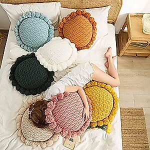 Teieas Bohemian Round Throw Pillows Chair Pad Seat Floor Pillow Cushions Handmade Pompoms Knitted Floor Mat Garden Dining Room Home Decor Outdoor Yellow