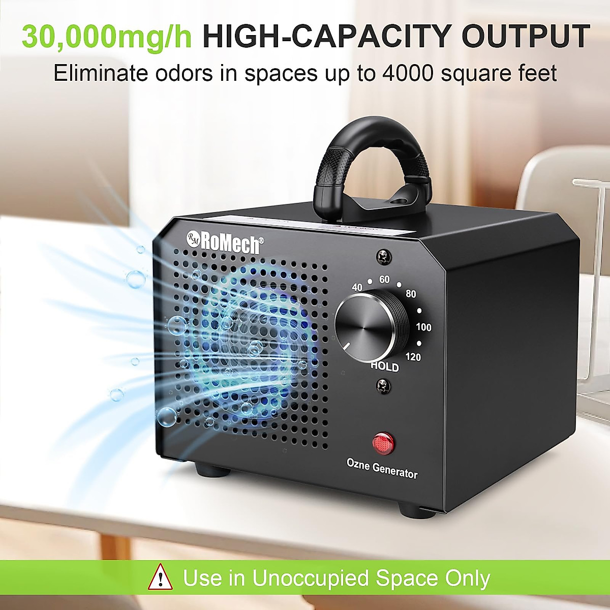 ROMECH Ozone Generator 30,000mg/h, High Capacity Ionizer Air Purifier Ozone Odor Eliminator for 4000sq.ft. Home, Basement, Kitchen (Black)