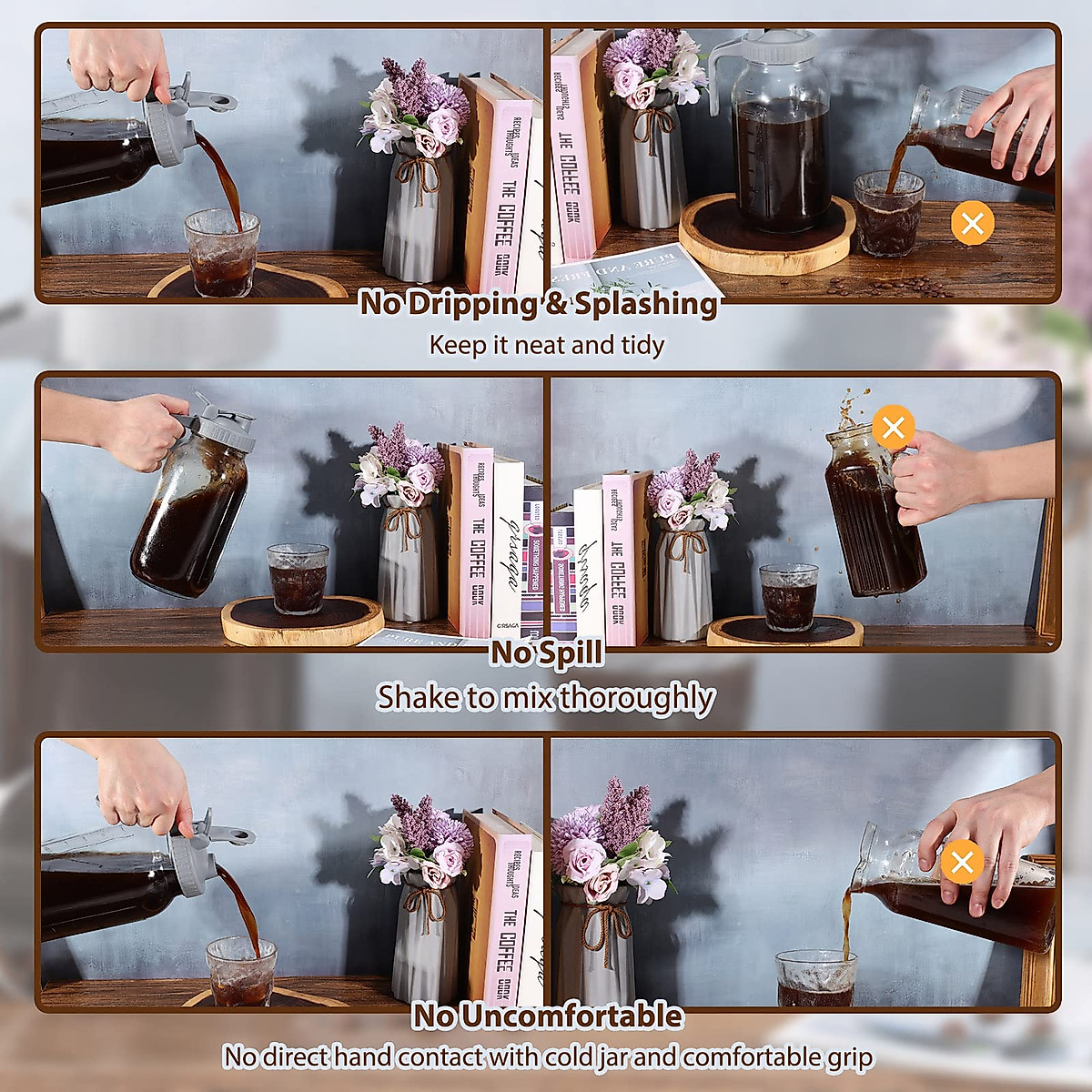 Cold Brew Coffee Maker Glass Pitcher, 32 oz Mason Jar with Pour Spout Handle Lid with Stainless Steel Filter for Iced Coffee, Lemonade, Ice Tea, Fruit Drinks