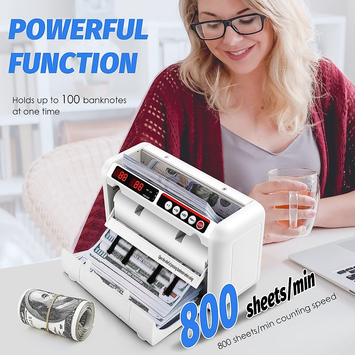 Frifreego Battery Operated Bill Counter Machine, Portable Rechargeable Money Counter with UV MG Detection, 800pcs/min Counting Speed, Take Anywhere with A Backpack for Multi-Currency Or Tickets