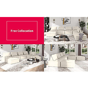 MUZZ Modular Convertible U/L Sectional Sofa, 7 Seater Sofa Couch with Soft Oversized Seat, Free Combination Armless Sectional Sofa for Living Room, Bedroom (Beige, 7PCS)
