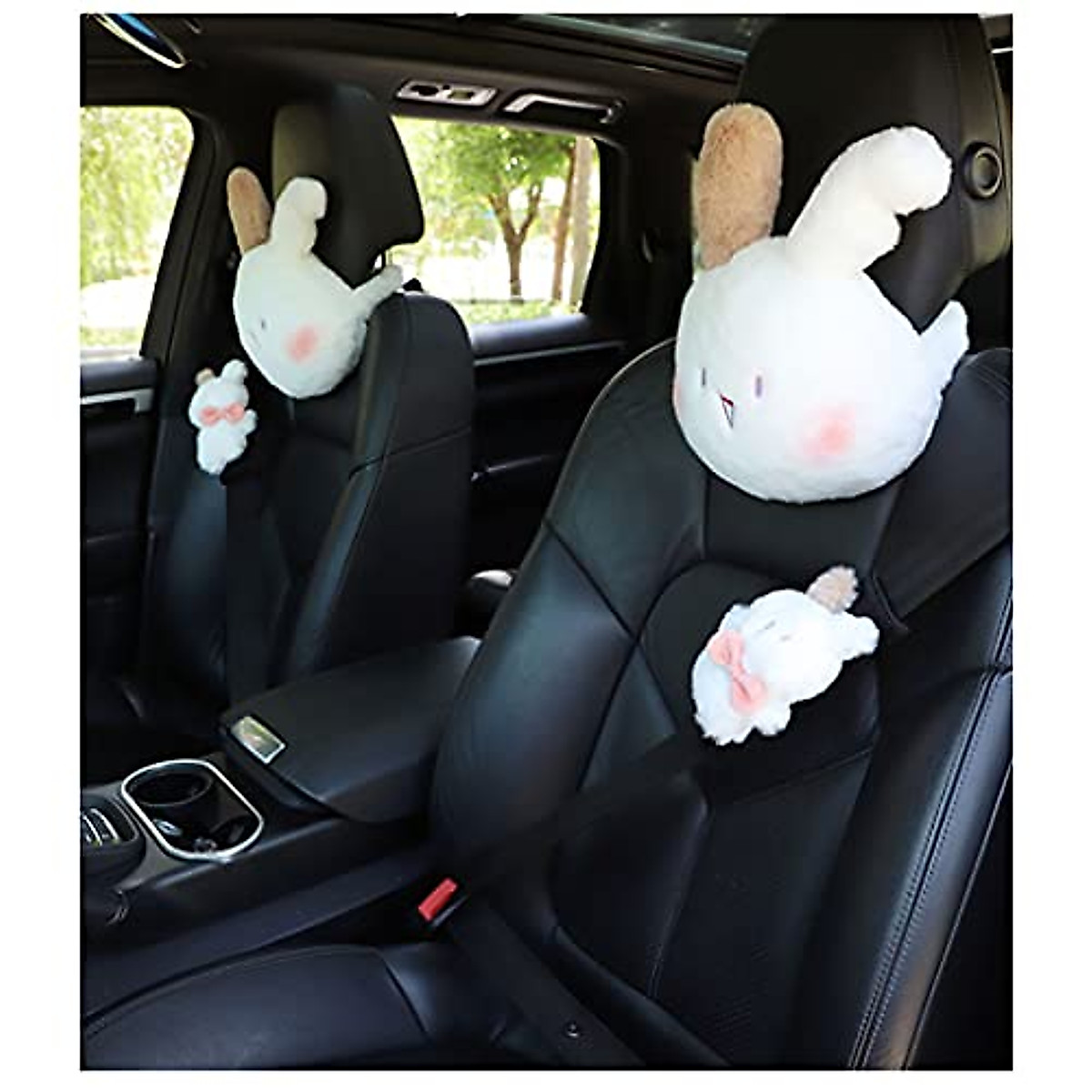 seemehappy Fuzzy Naughty Bunny Car Pillow Headrest Pillow, Fluffy Bunny Seat Belt Should Pad Cover, Cute Auto Accessories for Girls