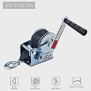 OPENROAD 600lbs Hand Winch Boat Winch, Hand Crank Winch with 6m (20ft) Strap Manual Winches, Two-Way Adjustable Boat Trailer Winch, Corrosion Resistant Towing Winches (600lbs)