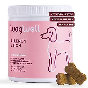 WagWell Allergy and Itch Chews – Chicken Flavored Dog Allergy Chews – Plant Based Dog Chews with Colostrum and Spirulina – Dog Skin and Coat Supplement for Itch Relief and Digestive Health, 60 Chews