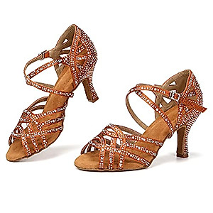 SWDZM Women's Latin Dance Shoes Rhinestone Salsa Chacha Ballroom Performance Practice Dancing Shoes,L357 Bronze 3'' Heel,5 US