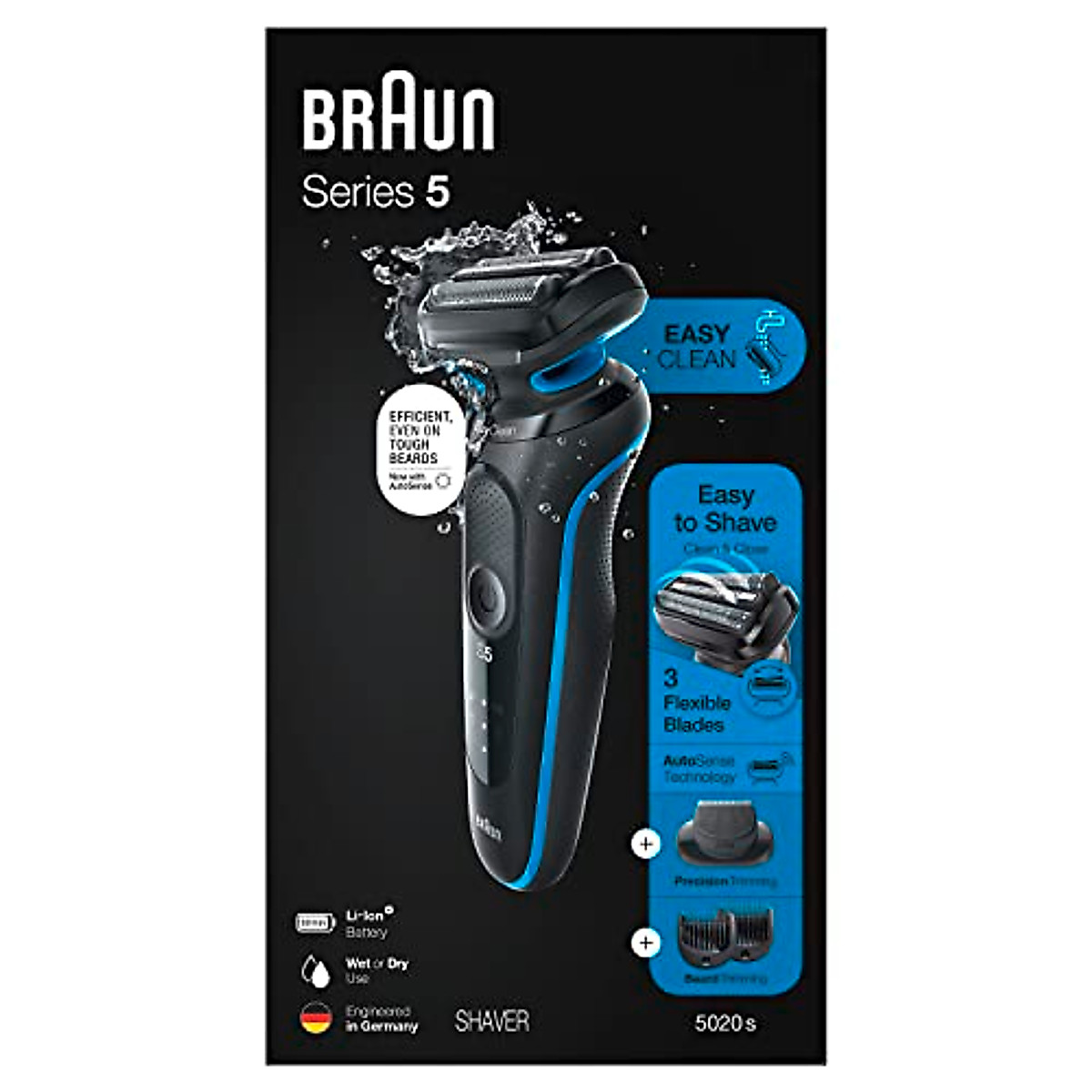 Braun Series 5 5020 Electric Razor for Men Foil Shaver with Beard Trimmer, Rechargeable, Wet & Dry with EasyClean, Black, 5 Piece Set