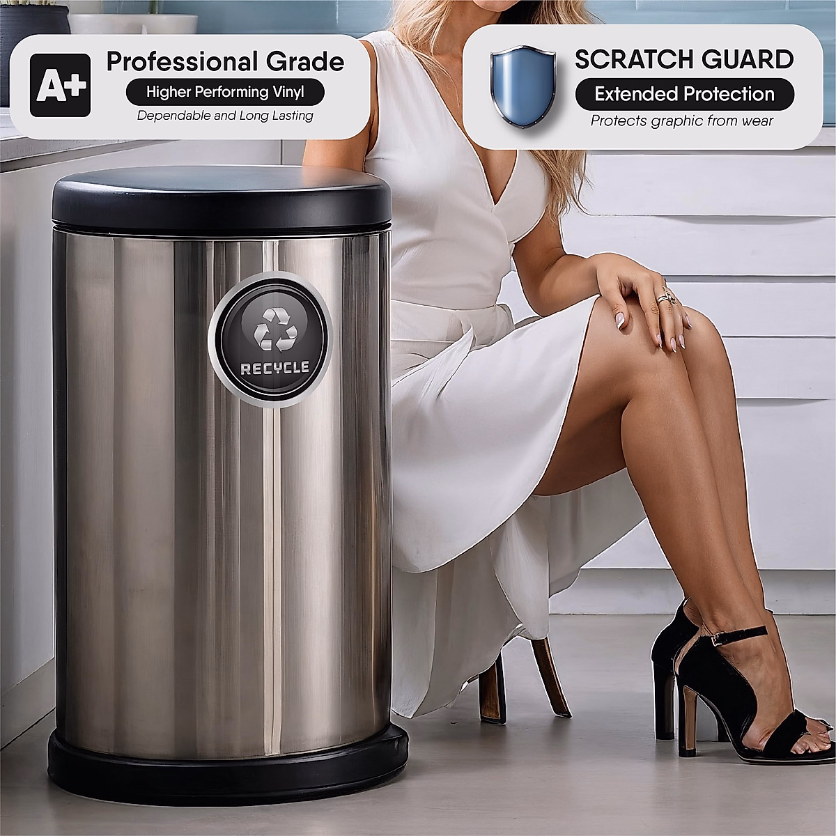 Trash and Recycle Magnets for Kitchen Cans and Recycling Bins, Dual Trash and Recycle Magnet for Garbage Cans, 2 Silver Round Magnetic Sticker, 5.5 x 5.5 Inch Home Outdoor Waste Bin