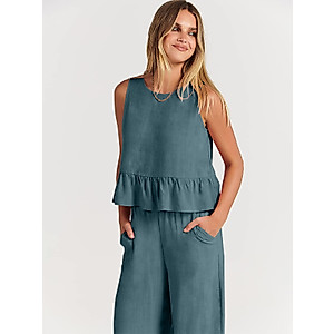 ANRABESS Women Summer 2 Piece Outfits Sleeveless Tank Crop Top Wide Leg Pants Linen Jumpsuits Lounge Matching Beach Sets Cyan Blue Large