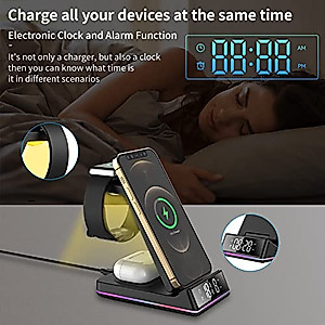 Wireless Charger with Clock/Alarm for Apple Charging Station, 3 in 1 Qi Fast Phone Multiple Devices Charger for Apple Watch 7/6/5/4/3/2/SE & AirPods 3/2/Pro & iPhone 14/13/12/11(Only for Apple Watch)