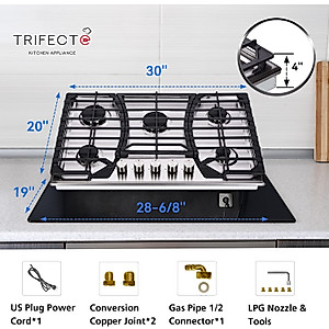 Trifecte 30 Inch Stainless Steel Gas Cooktop, Built-in Gas Stove Top with 5 Italy SABAF Sealed Burners Dual Fuel NG/LPG Convertible Gas Hob with Thermocouple Protection (Gas Regulator Not Included)