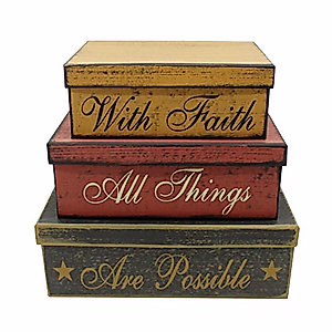 CVHOMEDECO. Primitives Vintage Rectangular Cardboard Nesting Boxes With Faith All Things Are Possible for Photos Memories Keepsakes and Home Decor, Large 12 X 8 X 4 Inch. Set of 3.