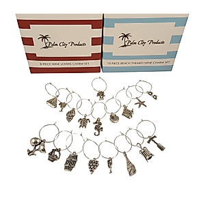 Palm City Products Bundle of Two Wine Charm Sets - 18 Pieces Total, Beach and Wine Themes